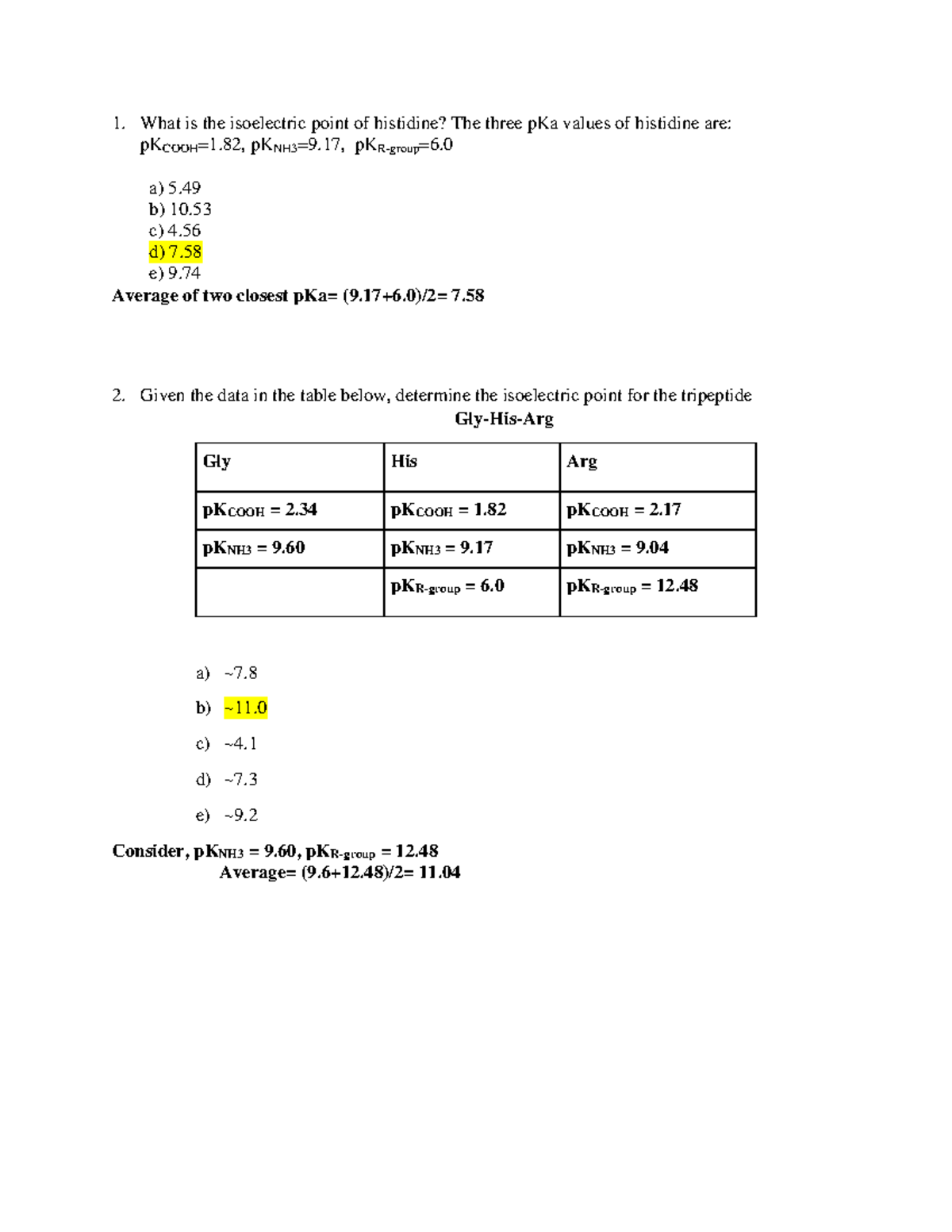 Recitation 2 key - practice material - What is the isoelectric point of ...