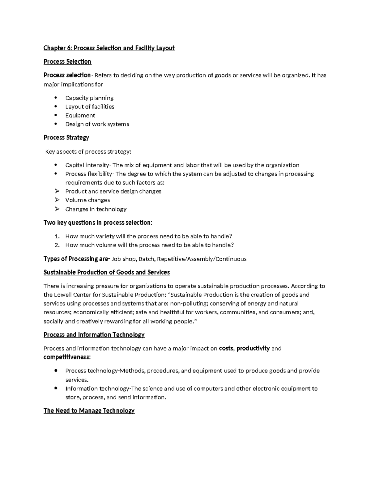 Operational Management-Chapter 6 - Chapter 6: Process Selection and Facility Layout Process ...