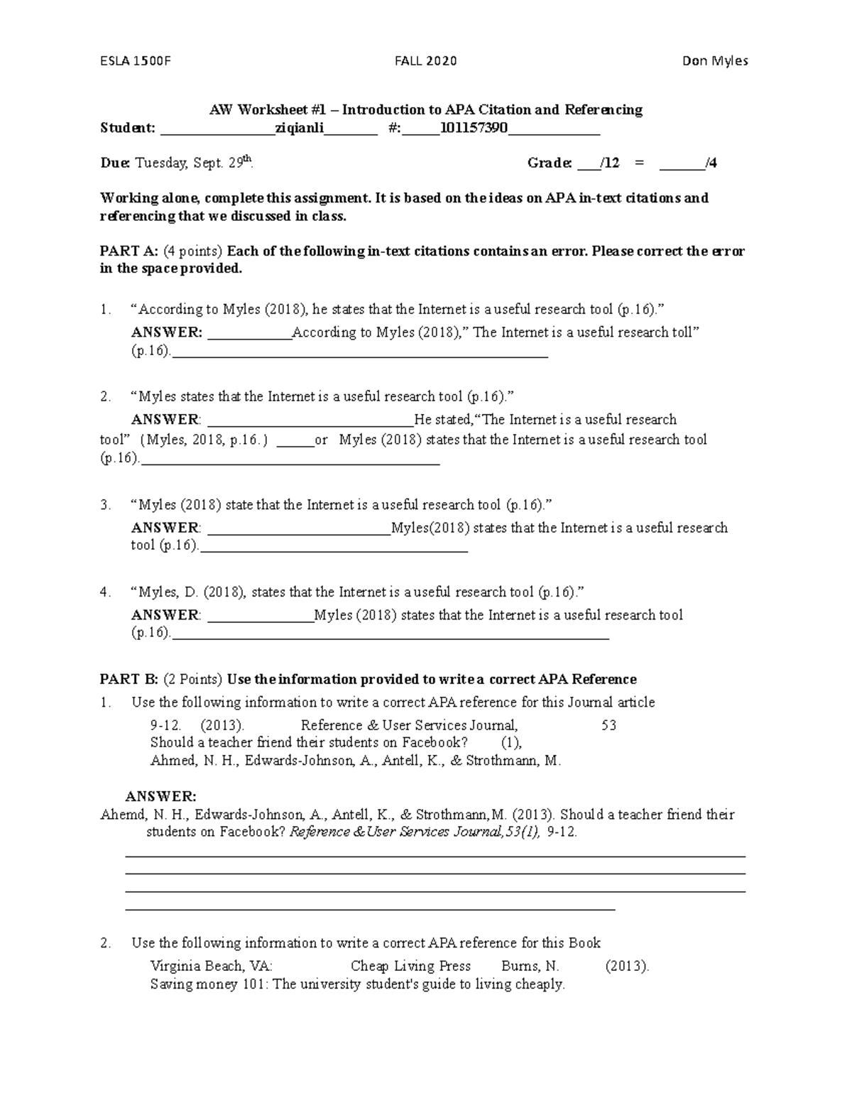 AW Worksheet #1 Introduction to APA Citation and Referencing - ESLA ...