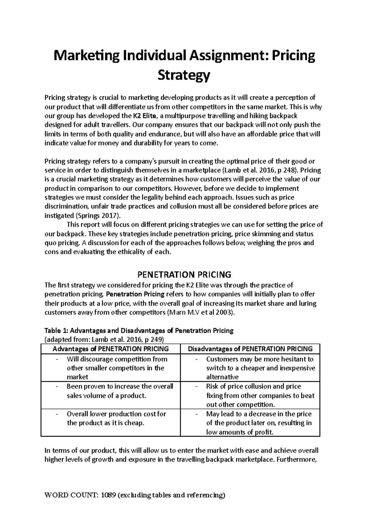 Marketing Assignment Price Strategy First YEAR - Marketing Individual ...