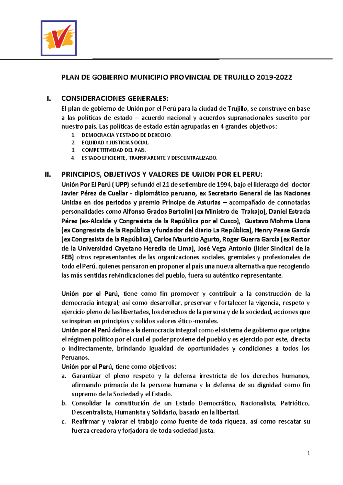 PLAN DE Gobierno Union POR EL PERU1 - PLAN DE GOBIERNO MUNICIPIO ...