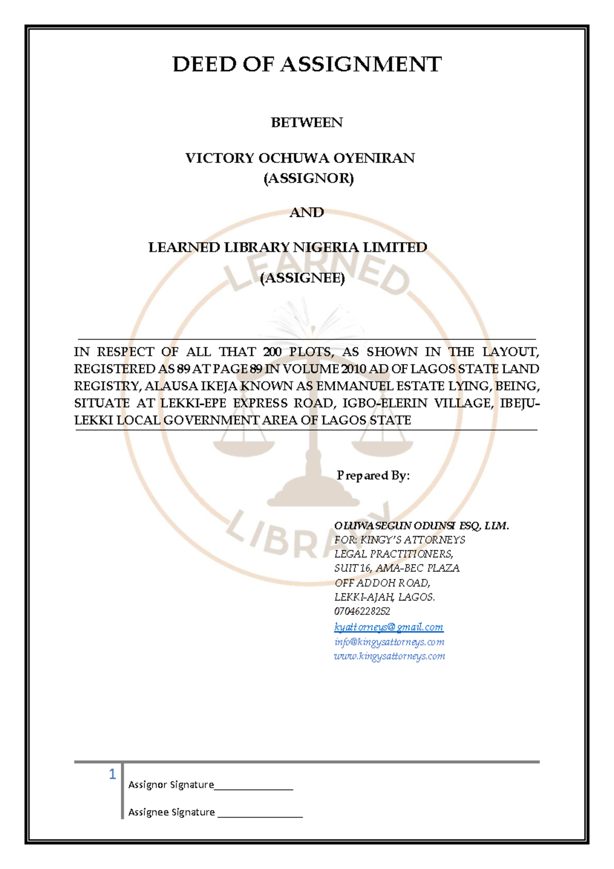 deed of lease sample - 1 Assignor Signature______________ DEED OF ...