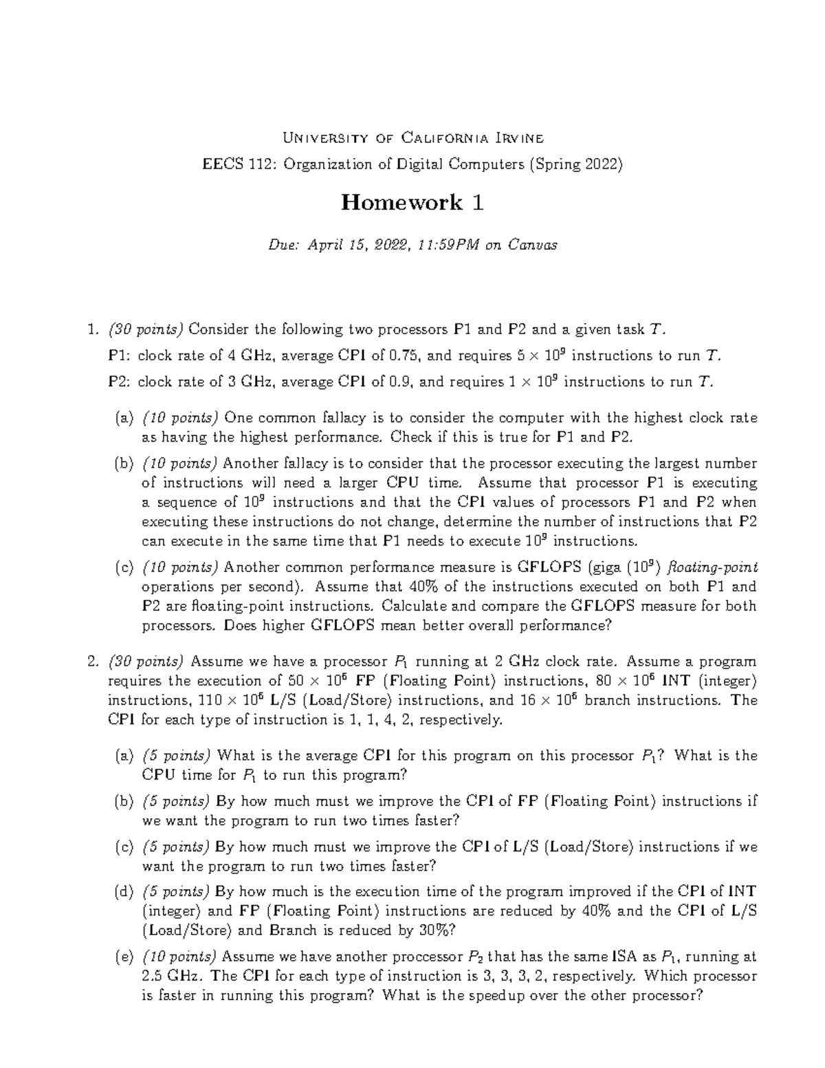 Eecs112 hw1 - HW1 - University of California Irvine EECS 112: Organization of Digital Computers ...