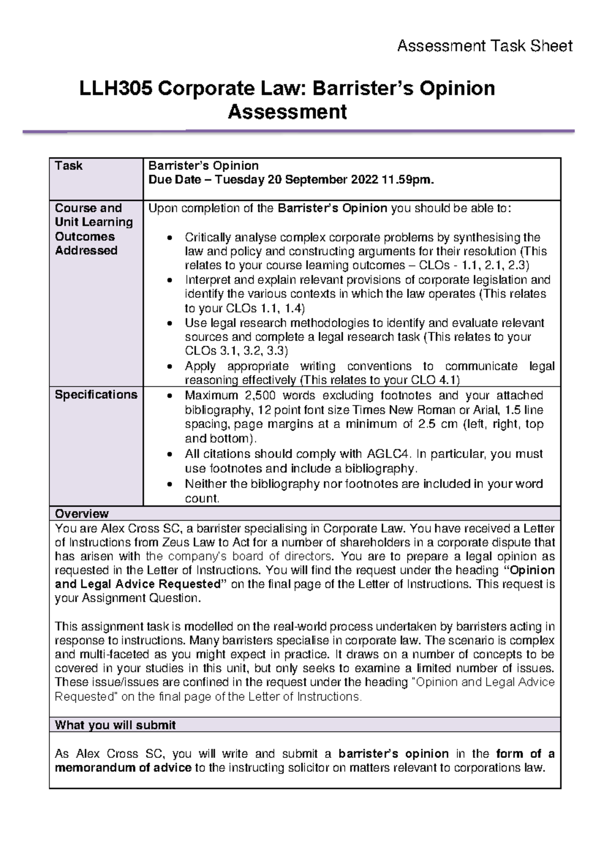 LLH305 Assignment Task Sheet - Assessment Task Sheet LLH305 Corporate ...