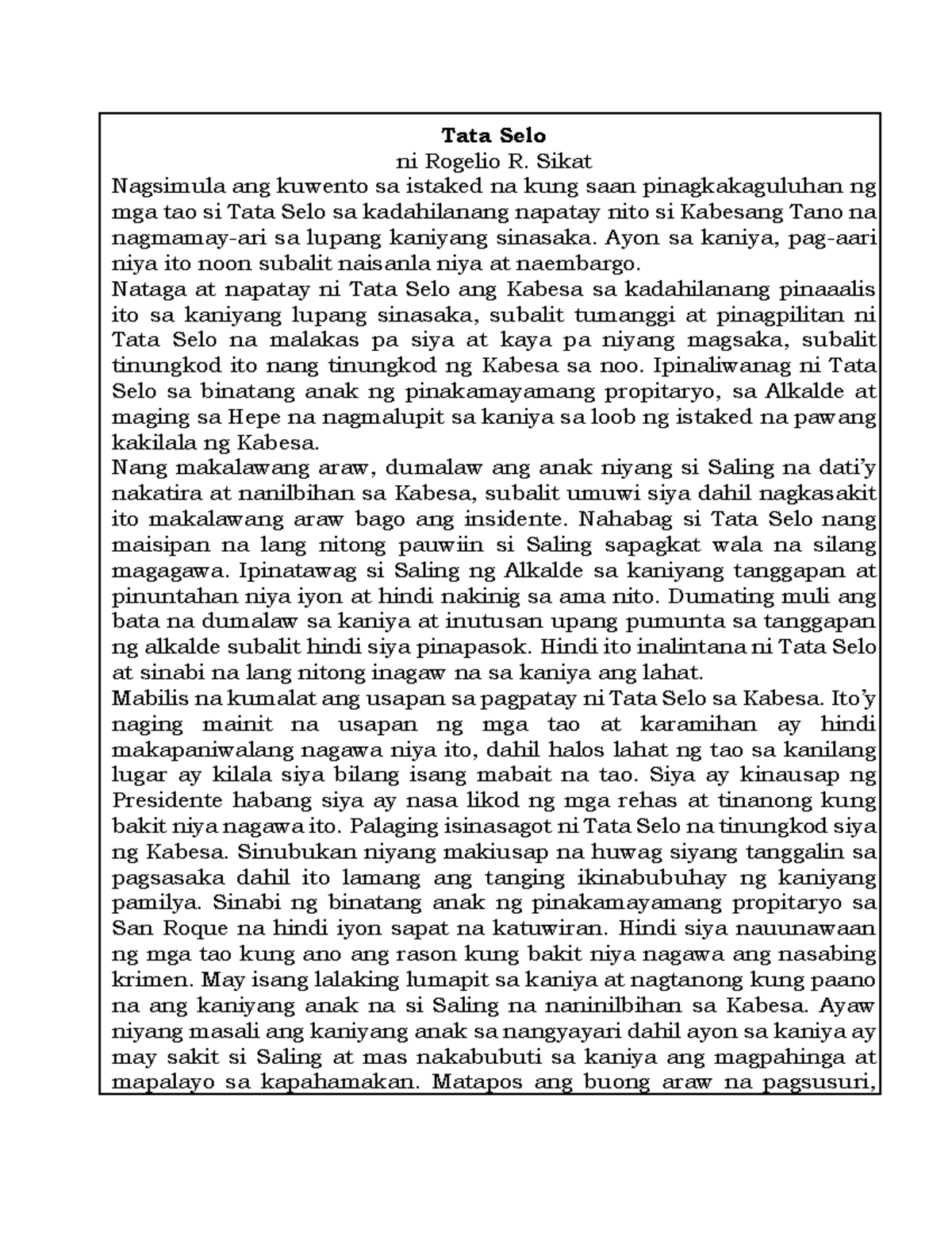 TATA-SELO - Vvggg - Tata Selo ni Rogelio R. Sikat Nagsimula ang kuwento ...