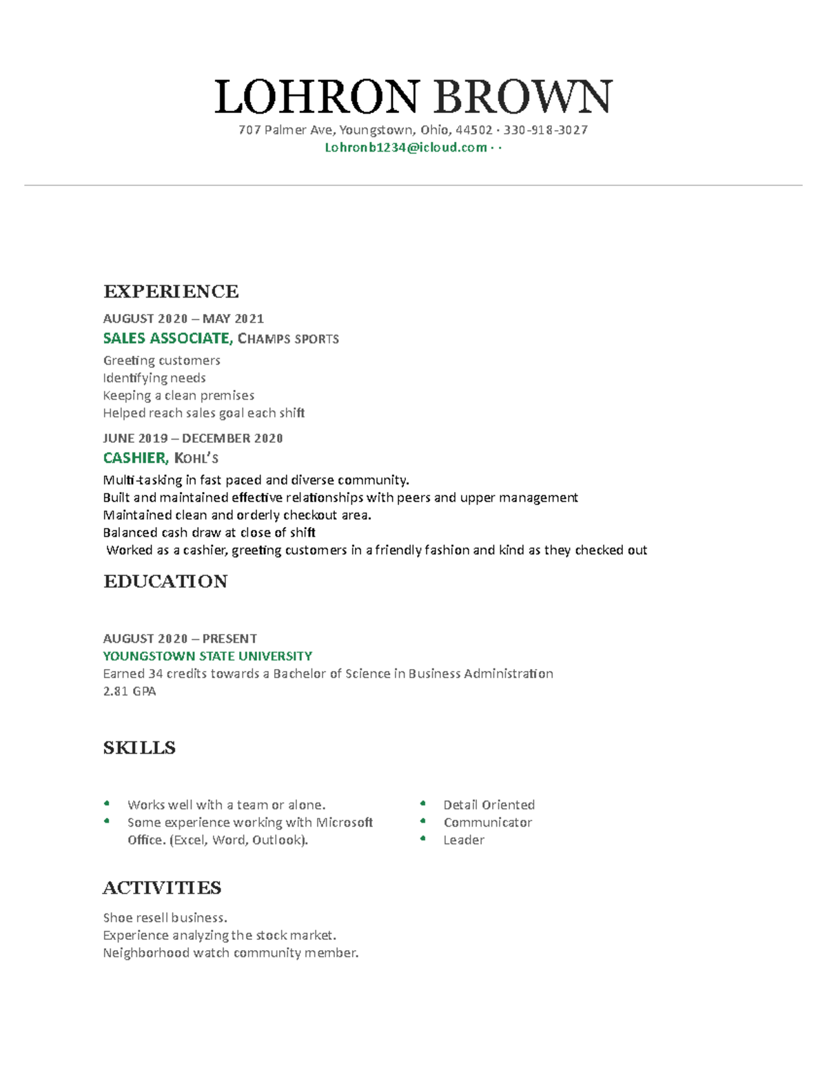 Resume 2 - LOHRON BROWN 707 Palmer Ave, Youngstown, Ohio, 44502 · 330 ...