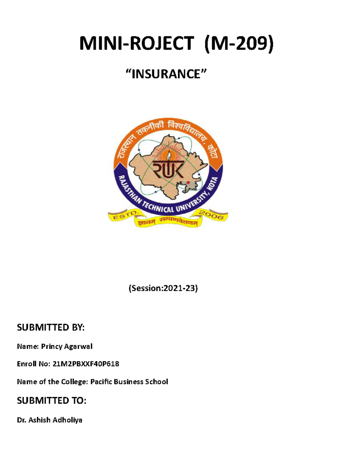 Mini project - MINI-ROJECT (M-209) “INSURANCE” (Session:2021-23 ...