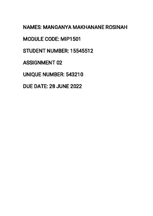 Assignment 2 - MIP1501/102/0/ ASSIGNMENT 02 UNIQUE NUMBER – 543210 ...