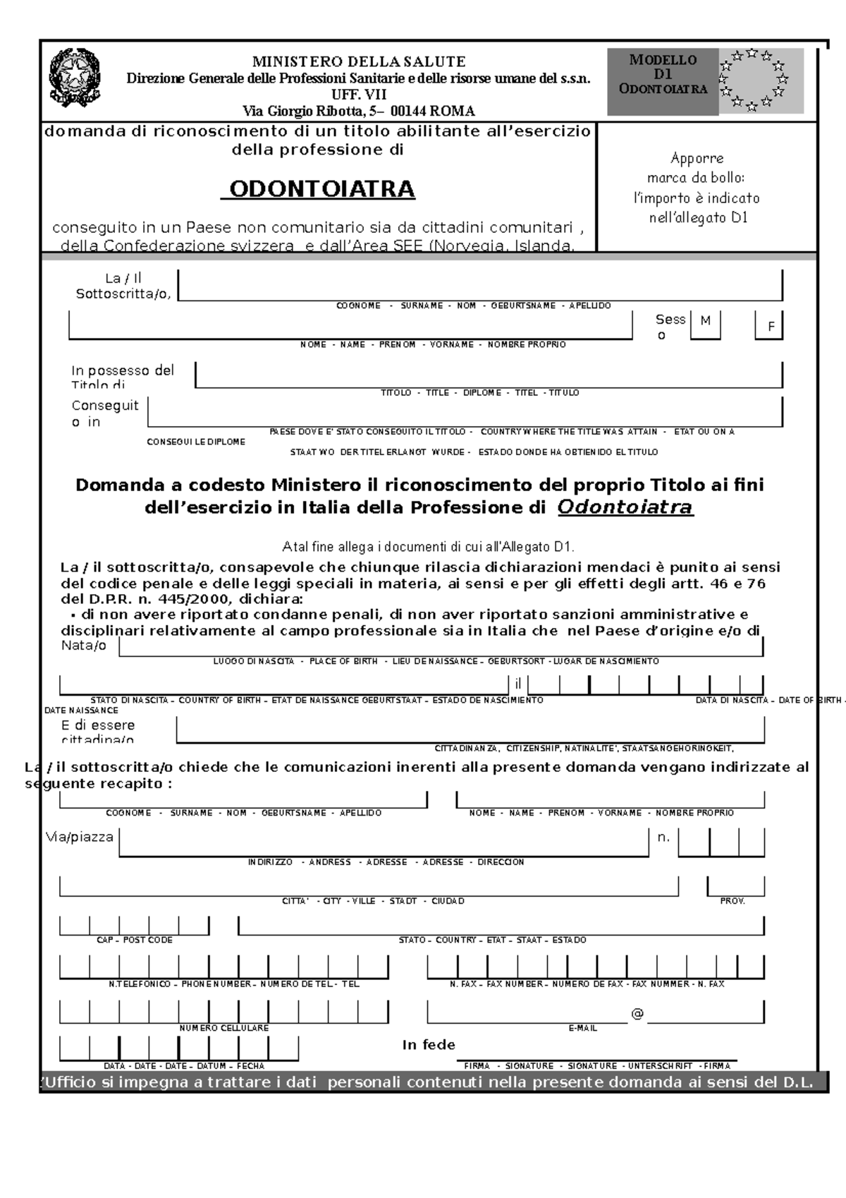 Modello D1 Odontoiatra - MINISTERO DELLA SALUTE Direzione Generale ...