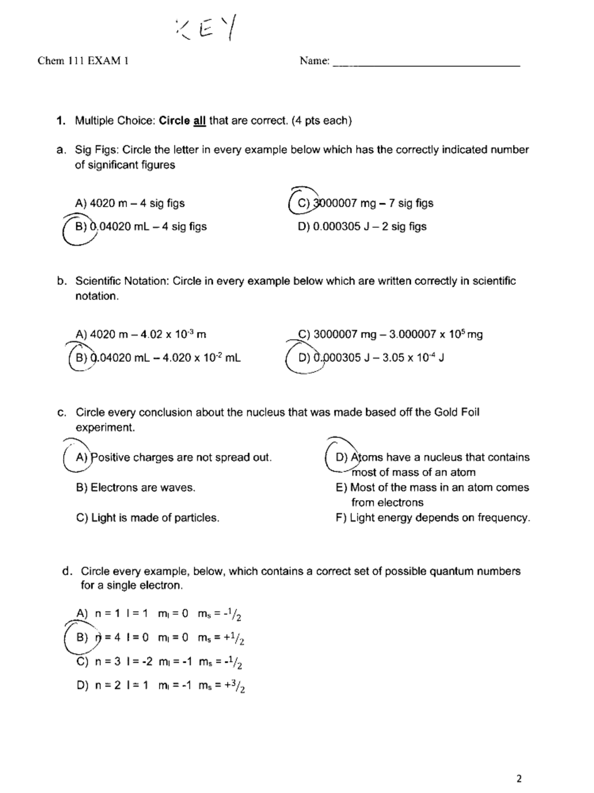 Exam 1 2021 KEY - First exam of semester - CHEM 111 - Studocu