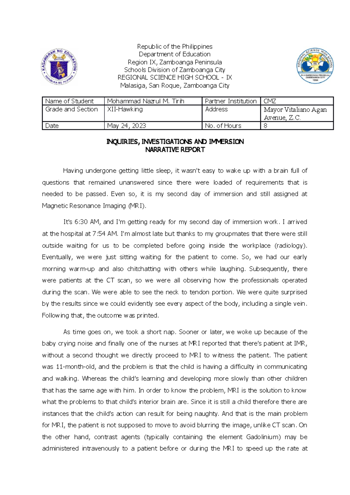 DAY 2 - a lab report about hospitality - Republic of the Philippines ...