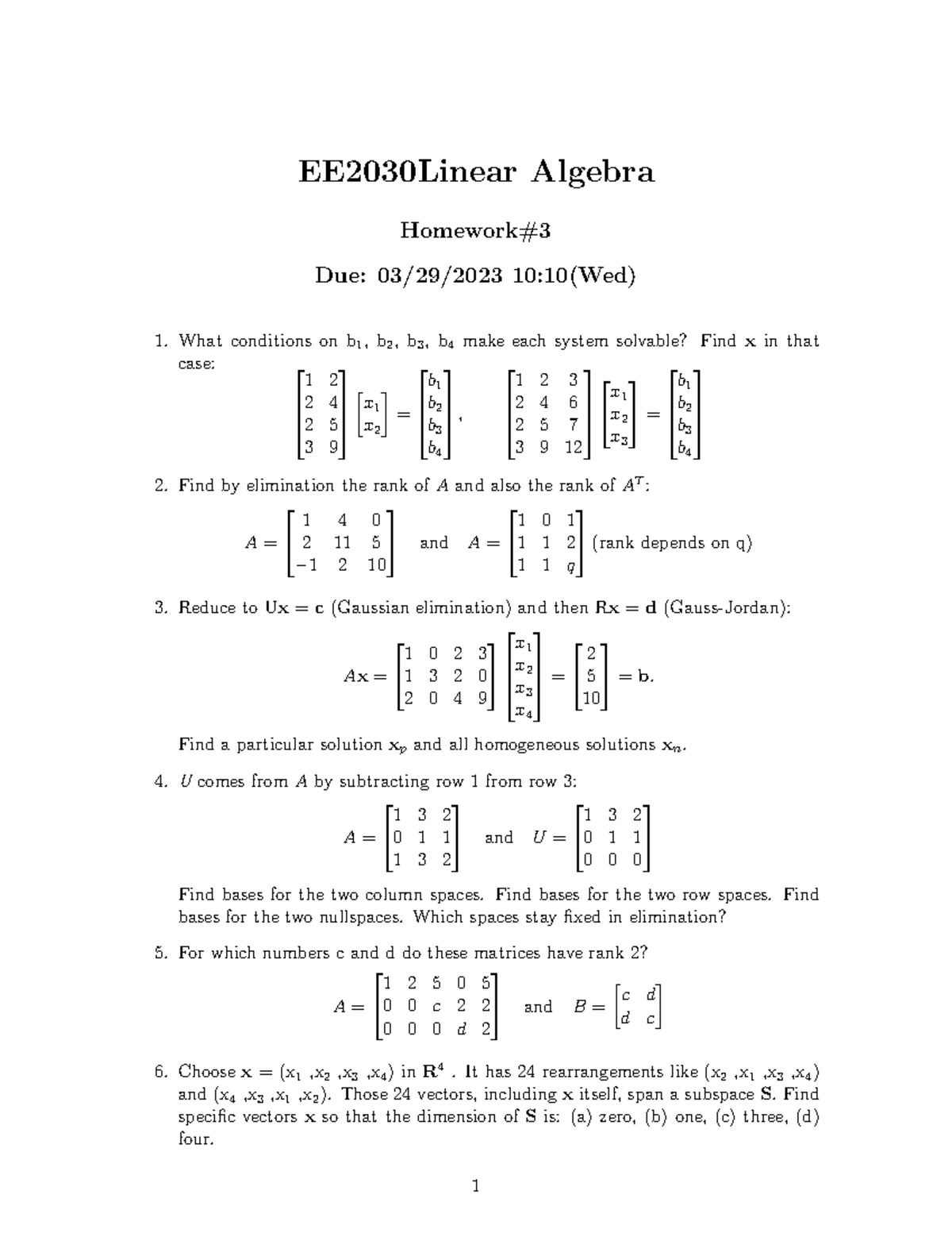 EE2030Linear Algebra Homework#3 - EE2030Linear Algebra Homework# Due ...