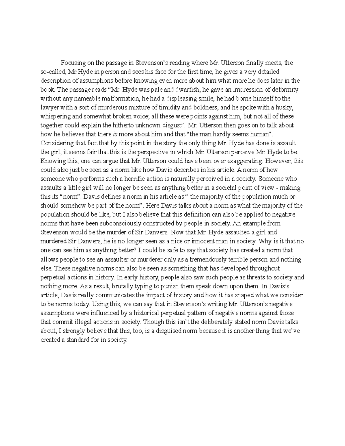 English response - Focusing on the passage in Stevenson’s reading where ...