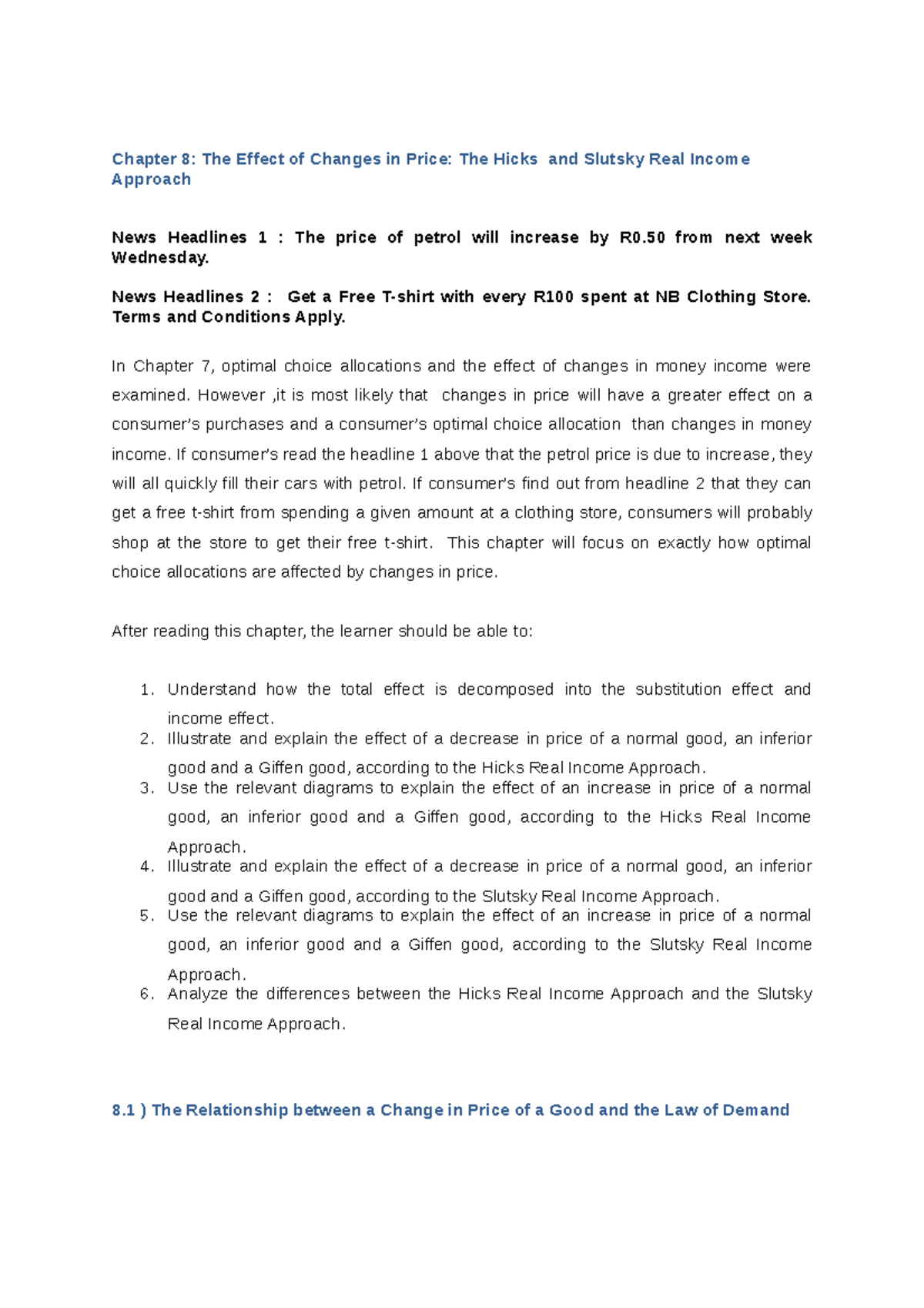 Chapter 8 Effects of Changes in Price 1 - Chapter 8: The Effect of ...