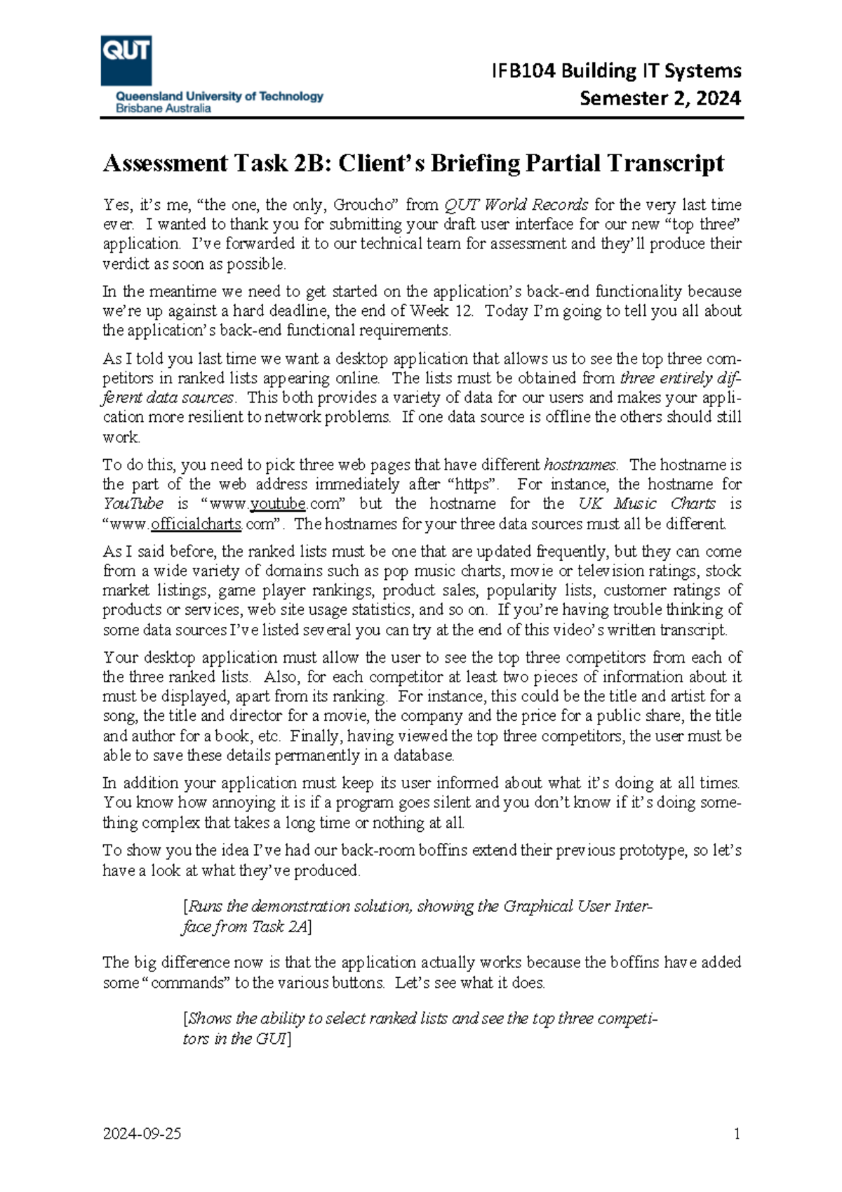 Assessment Task 2B-Briefing Transcript - Semester 2 , 202 4 Assessment ...