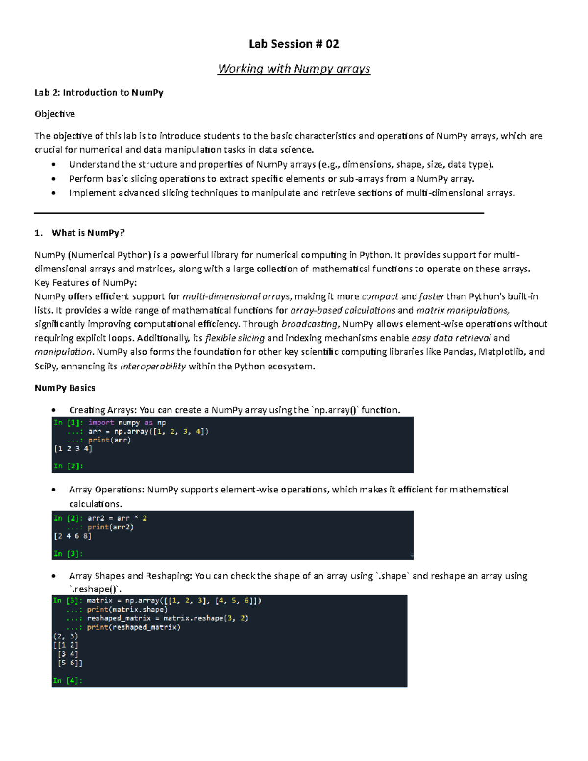 Lab Manual Basic Python Libraries - Lab Session # 02 Working with Numpy arrays Lab 2 ...