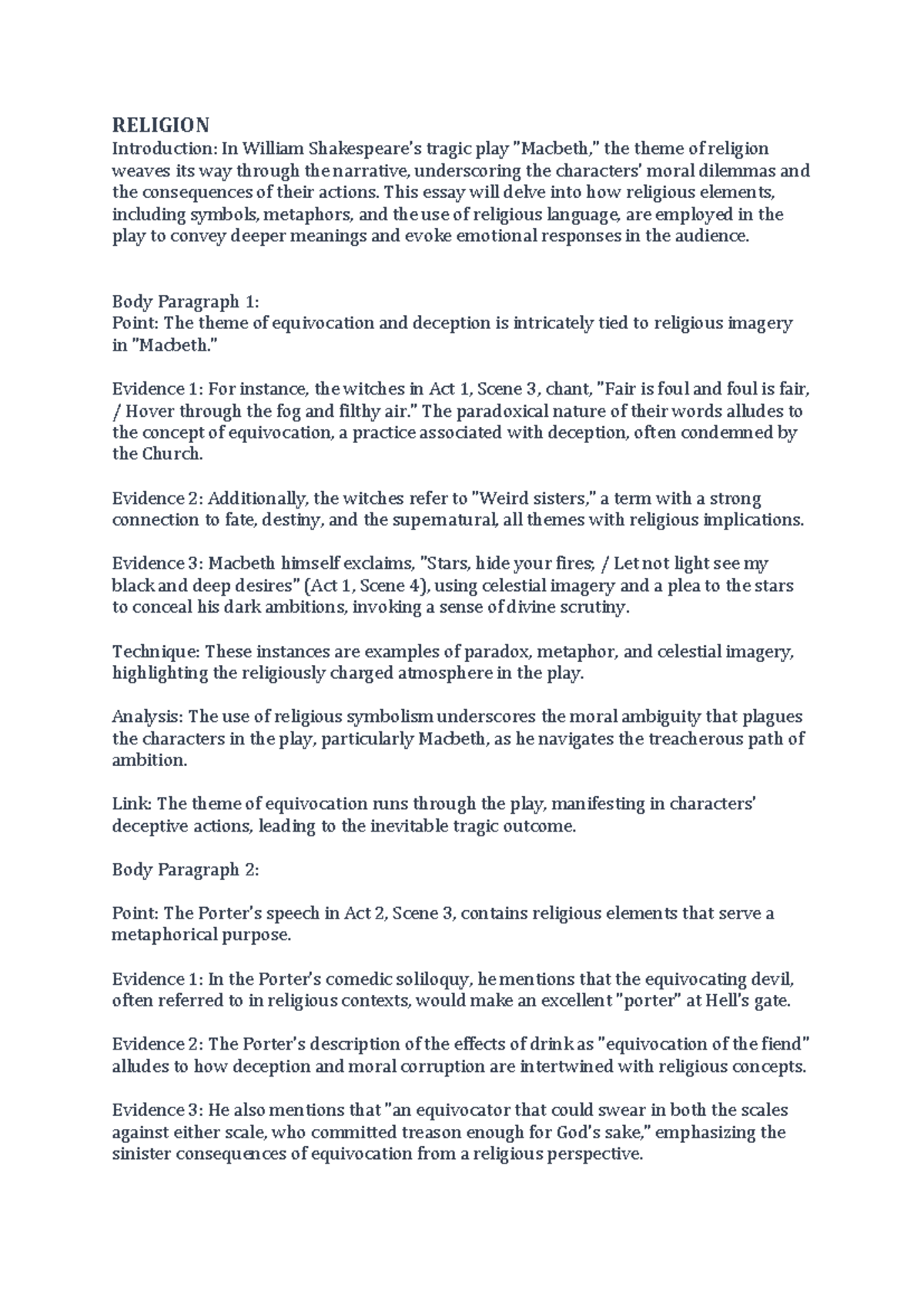 English study - Macbeth - RELIGION Introduction: In William Shakespeare ...