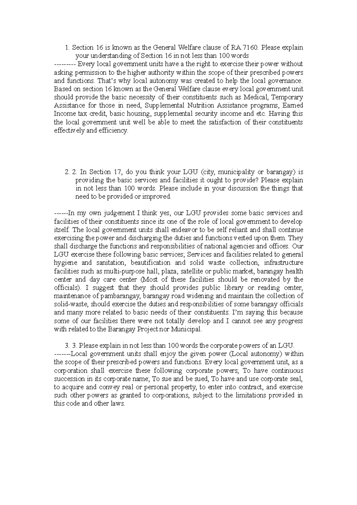 General Welfare clause of RA 7160 Writing - Section 16 is known as the ...