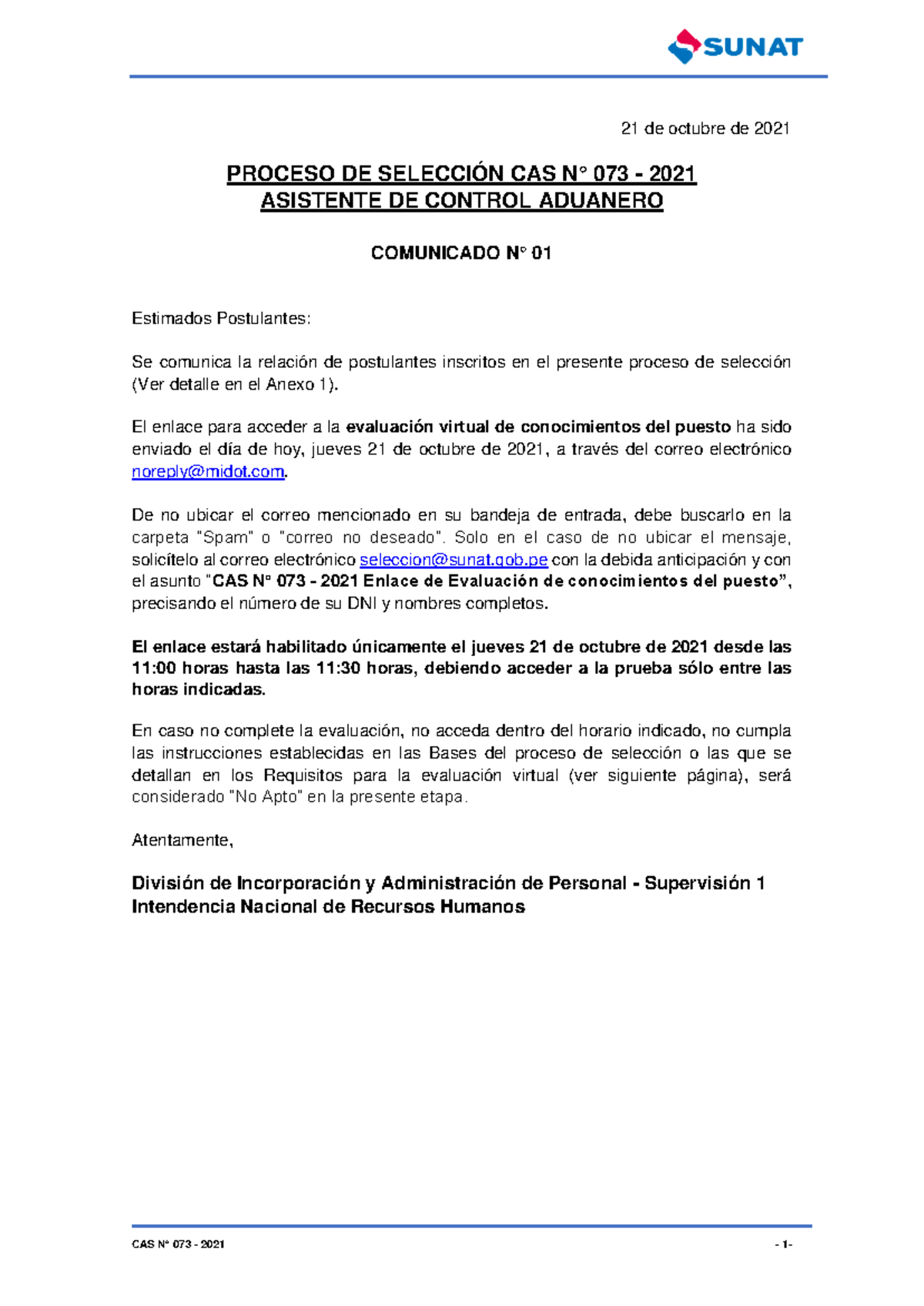 Comunicado 1 (73) - Gubernamental - 21 de octubre de 2021 PROCESO DE ...