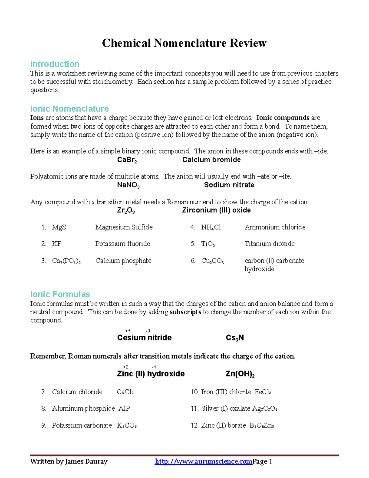 Pre-stoichiometry Review Packet - Chemical Nomenclature Review ...