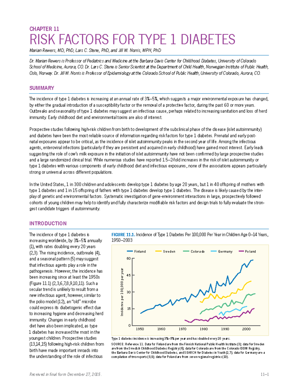 RISK Factors FOR TYPE 1 Diabetes - 11– CHAPTER 11 RISK FACTORS FOR TYPE ...