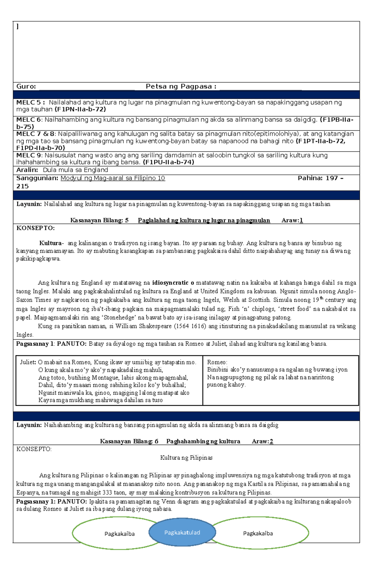LAS Q2 Filipino-10 W2 - hdsjkn - ] Guro: _____________________________ Petsa ng Pagpasa : - Studocu