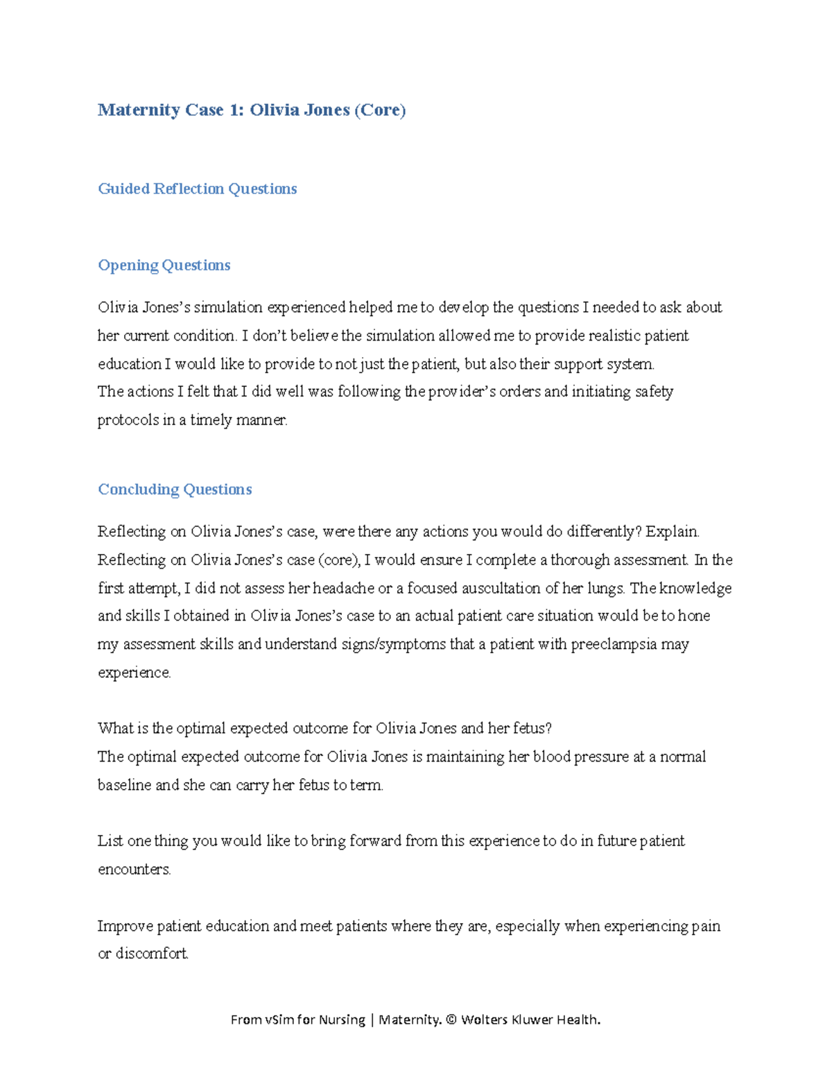 OB v SIM 3 Reflection - VSIM - Maternity Case 1: Olivia Jones (Core ...