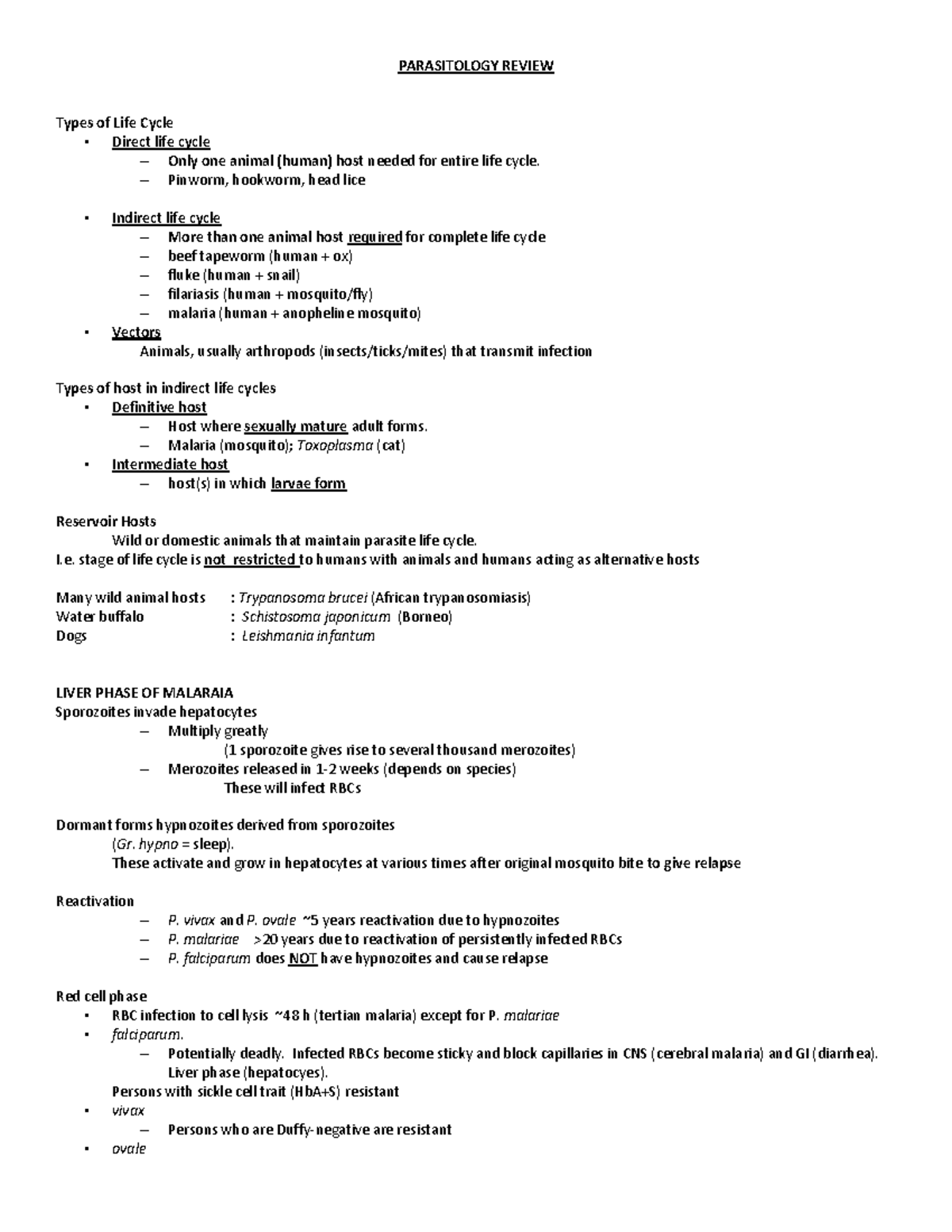 Parasitology-Review - PARASITOLOGY REVIEW Types of Life Cycle - Direct ...