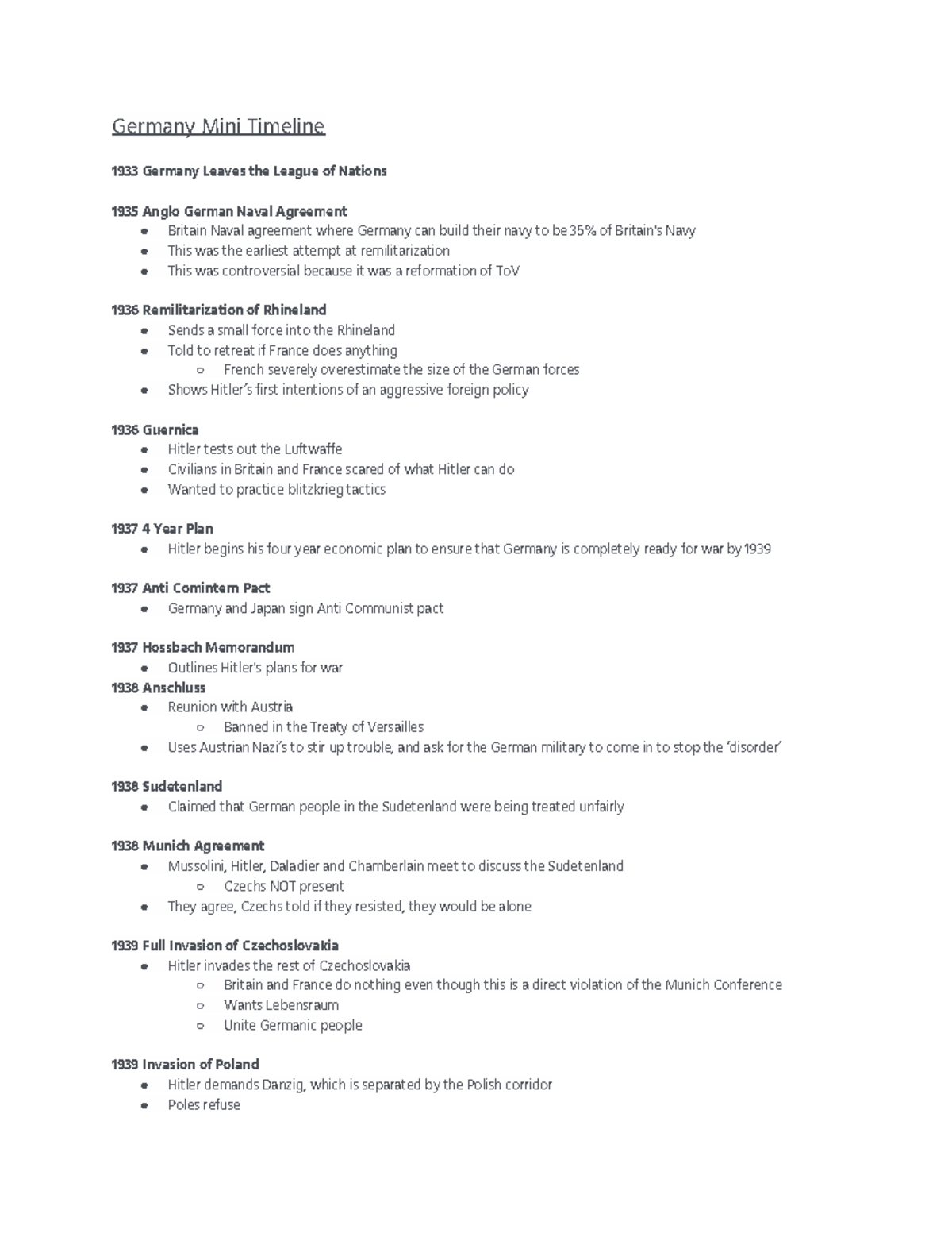 Paper 1 Timelines - Germany Mini Timeline 1933 Germany Leaves the ...
