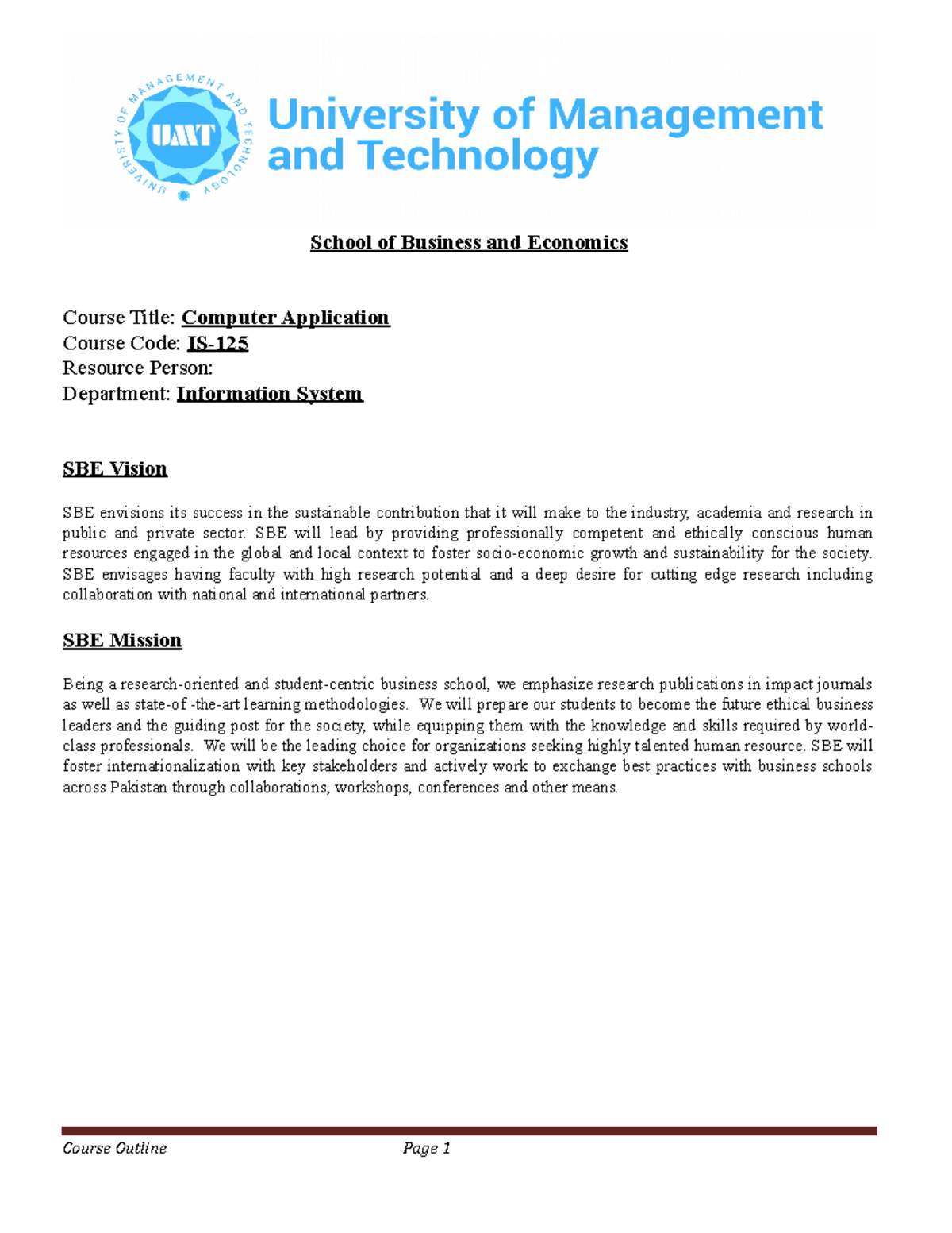 Computer Application Course outline format-final - School of Business ...