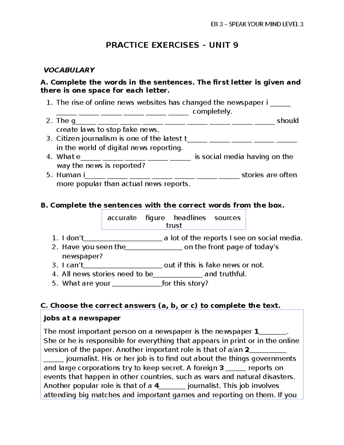 Practice exercises - Unit 9 - EII 3 – SPEAK YOUR MIND LEVEL 3 PRACTICE EXERCISES – UNIT 9 ...
