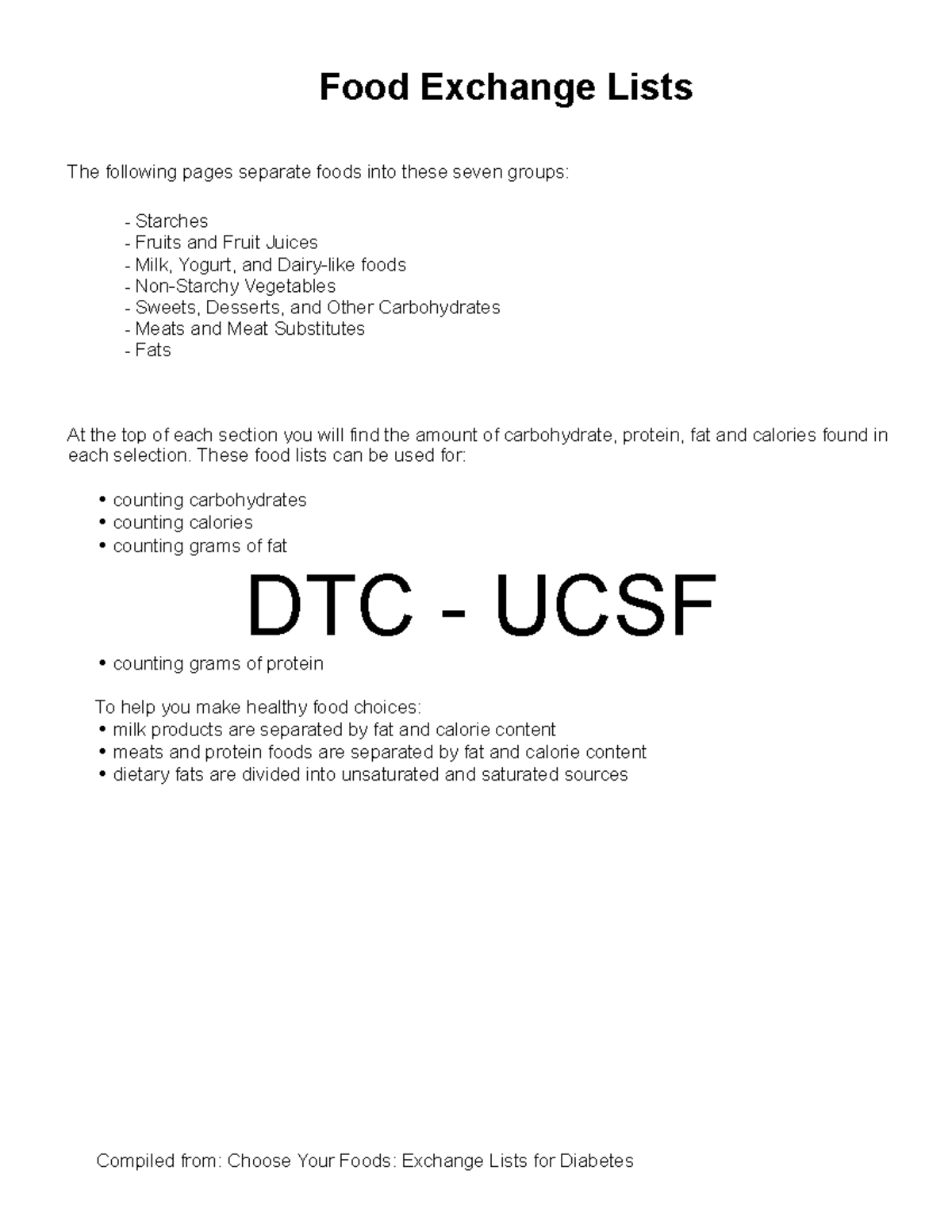 FOOD Exchange LIST Lecture Notes 1 Food Exchange Lists The 
