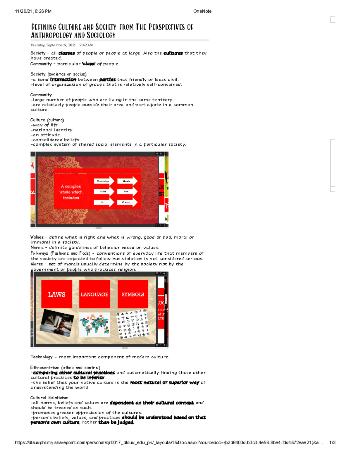 Defining Culture and Society - 11/26/21, 8:26 PM OneNote - Studocu