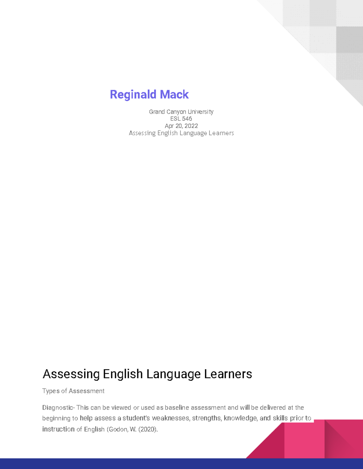 Assessing English Language Learners - Reginald Mack Grand Canyon ...