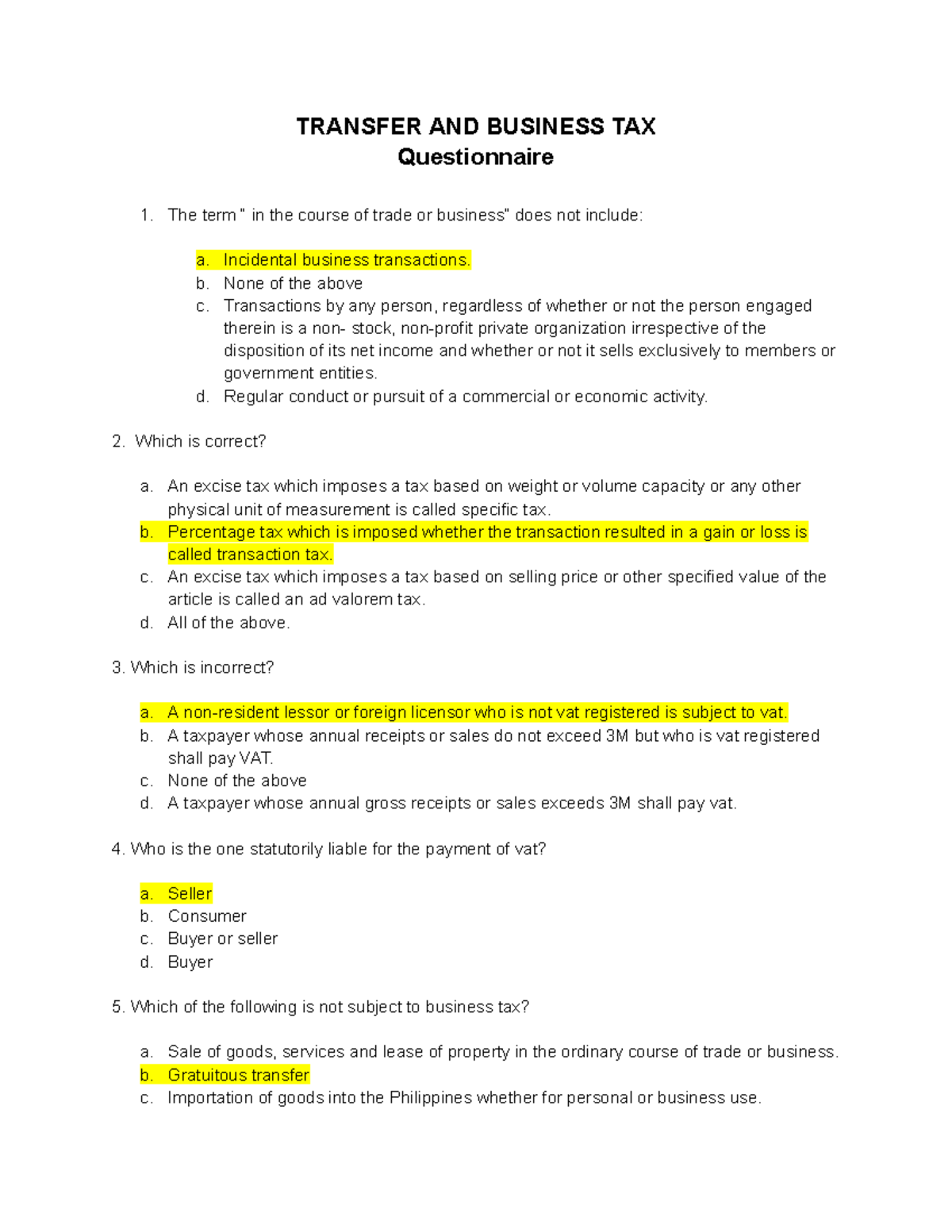 Transfer AND Business TAX - TRANSFER AND BUSINESS TAX Questionnaire 1 ...