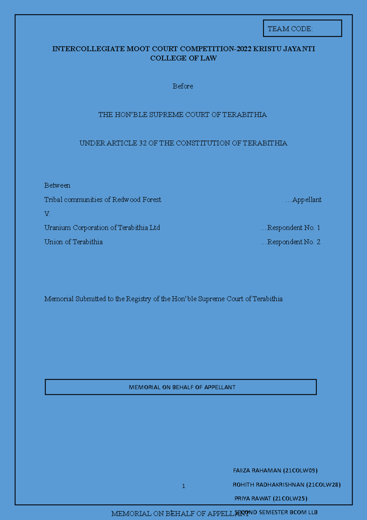 Memorial- Appellant - INTERCOLLEGIATE MOOT COURT COMPETITION-2022 ...