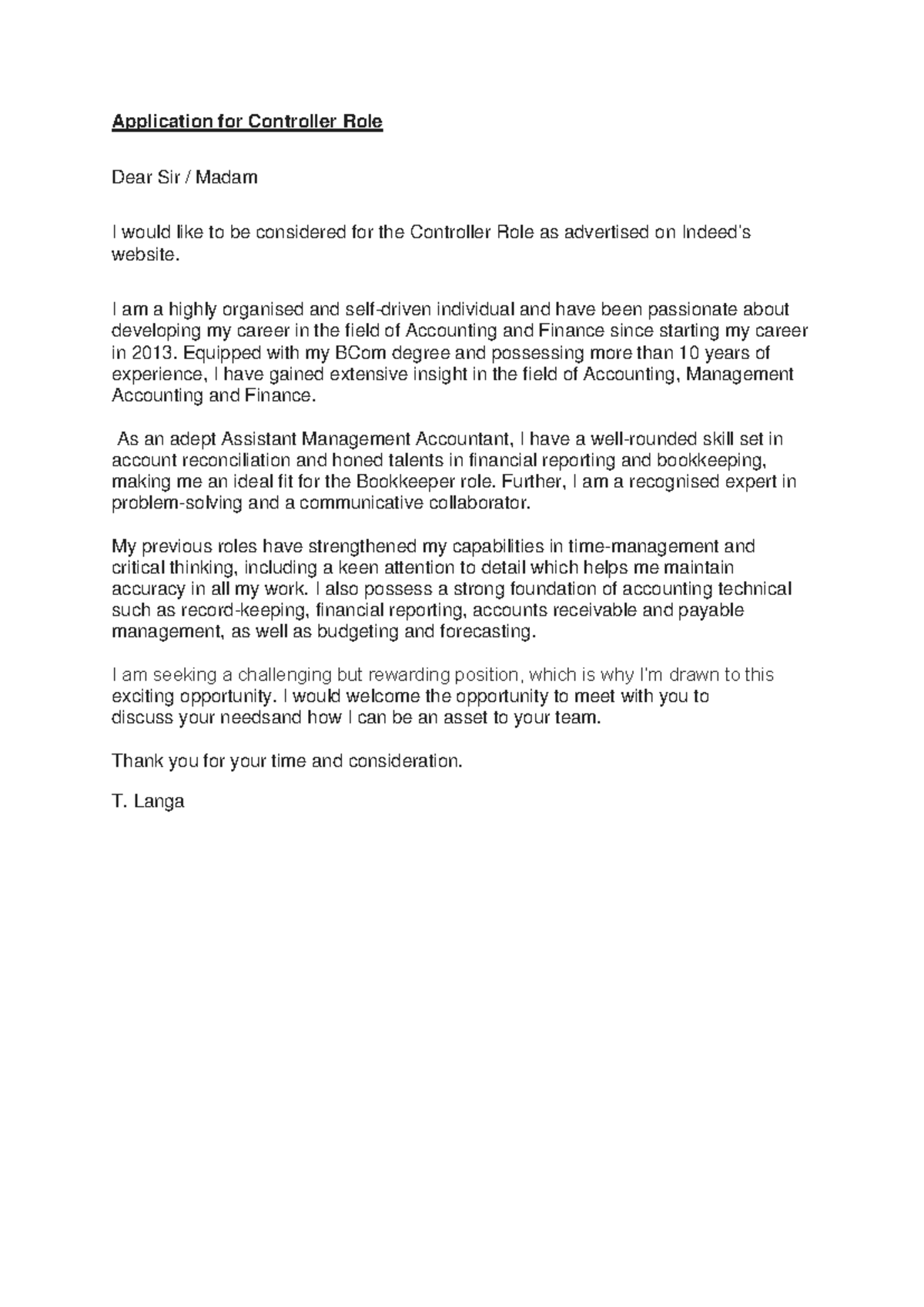 Cover Letter - Controller Role Applicationcv firmat - Application for ...