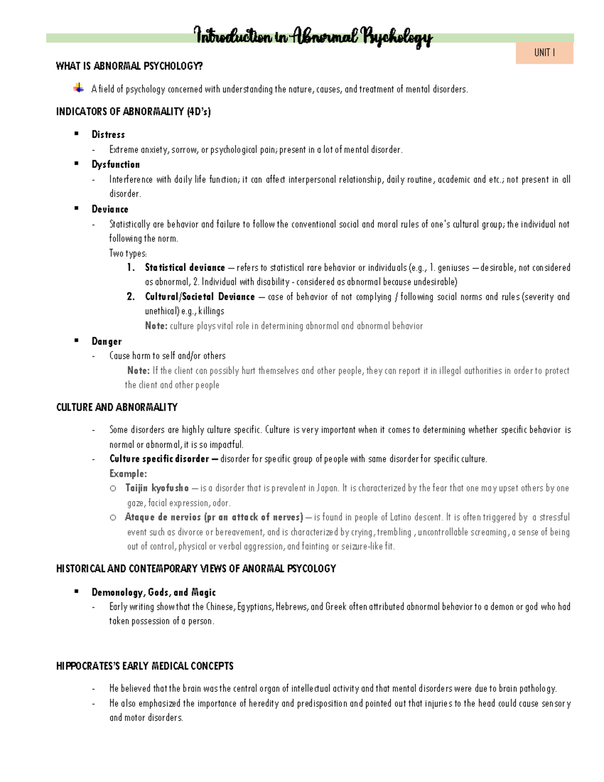 Abpsych UNIT1 Intro - Abnormal Psychology: A field of psychology ...