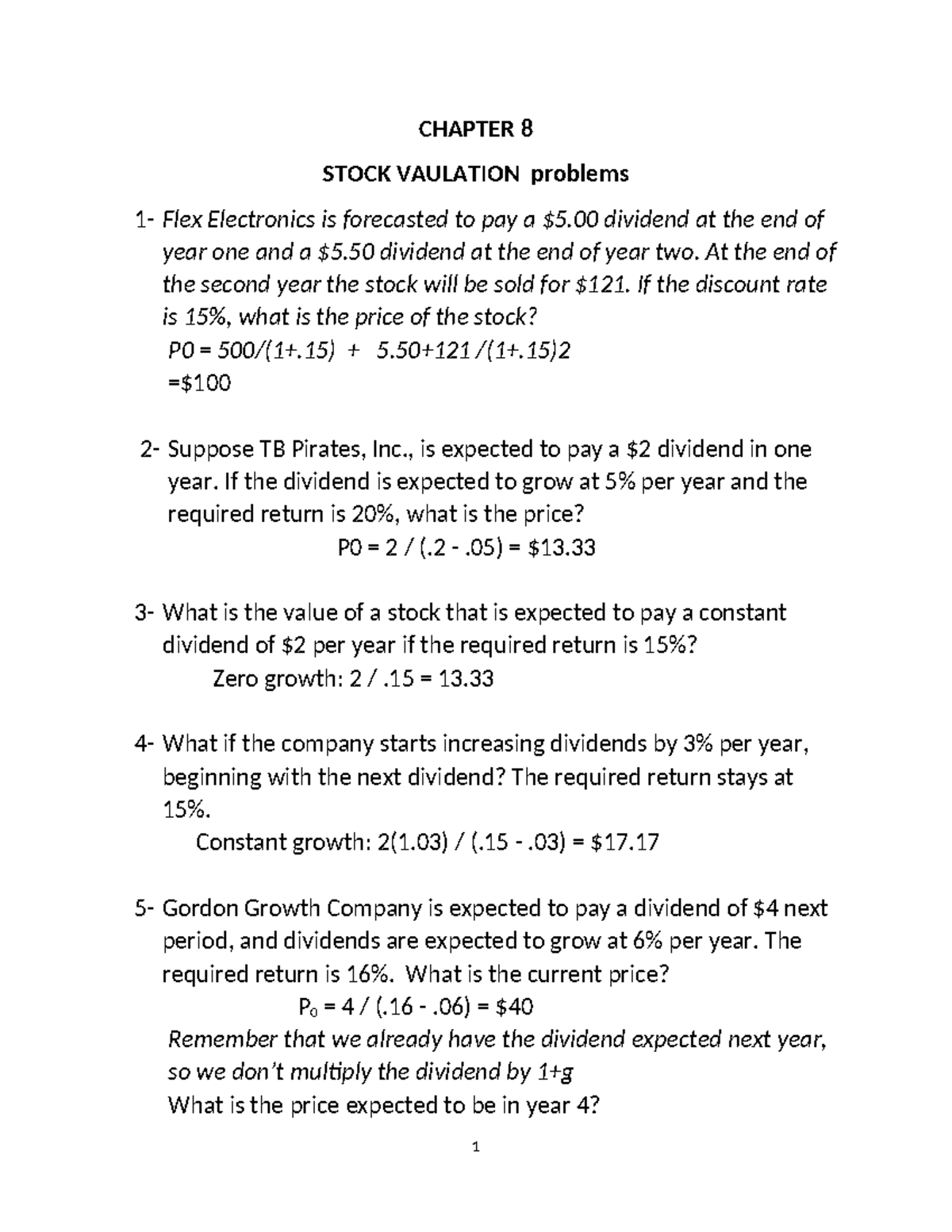 Ch8-stock valuation - CHAPTER 8 STOCK VAULATION problems 1- Flex ...