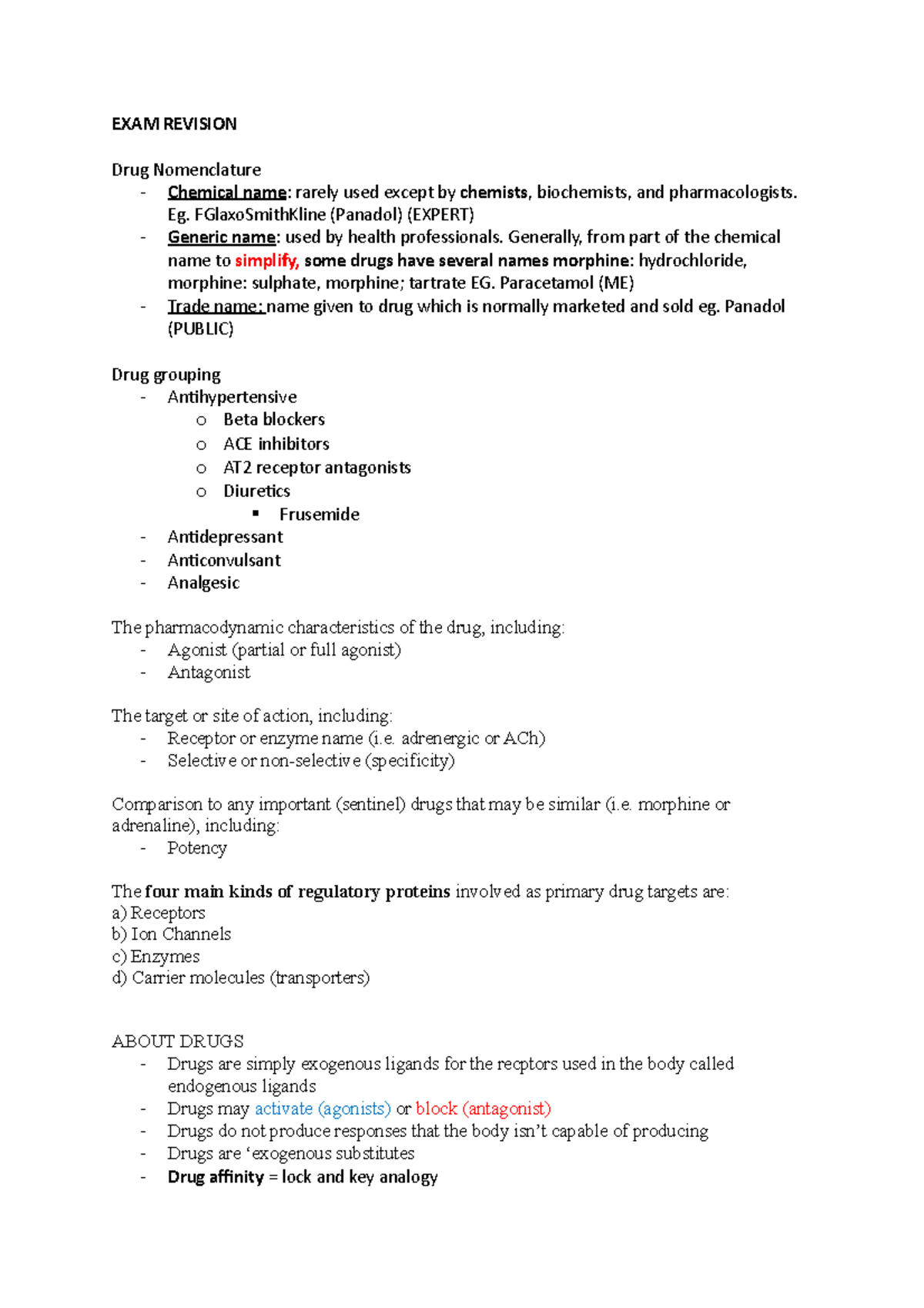 EXAM Revision - EXAM REVISION Drug Nomenclature - Chemical name: rarely ...