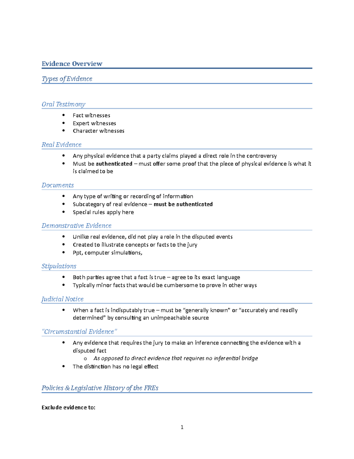 Outline - Evidence Overview Types of Evidence Oral Testimony Fact ...