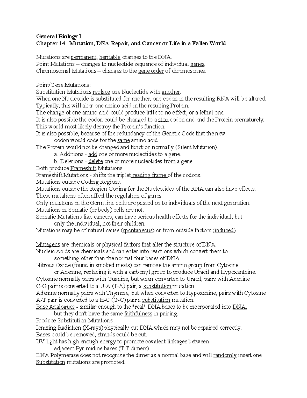 Chapter 15 Answers - General Biology I Chapter 14 Mutation, DNA Repair ...