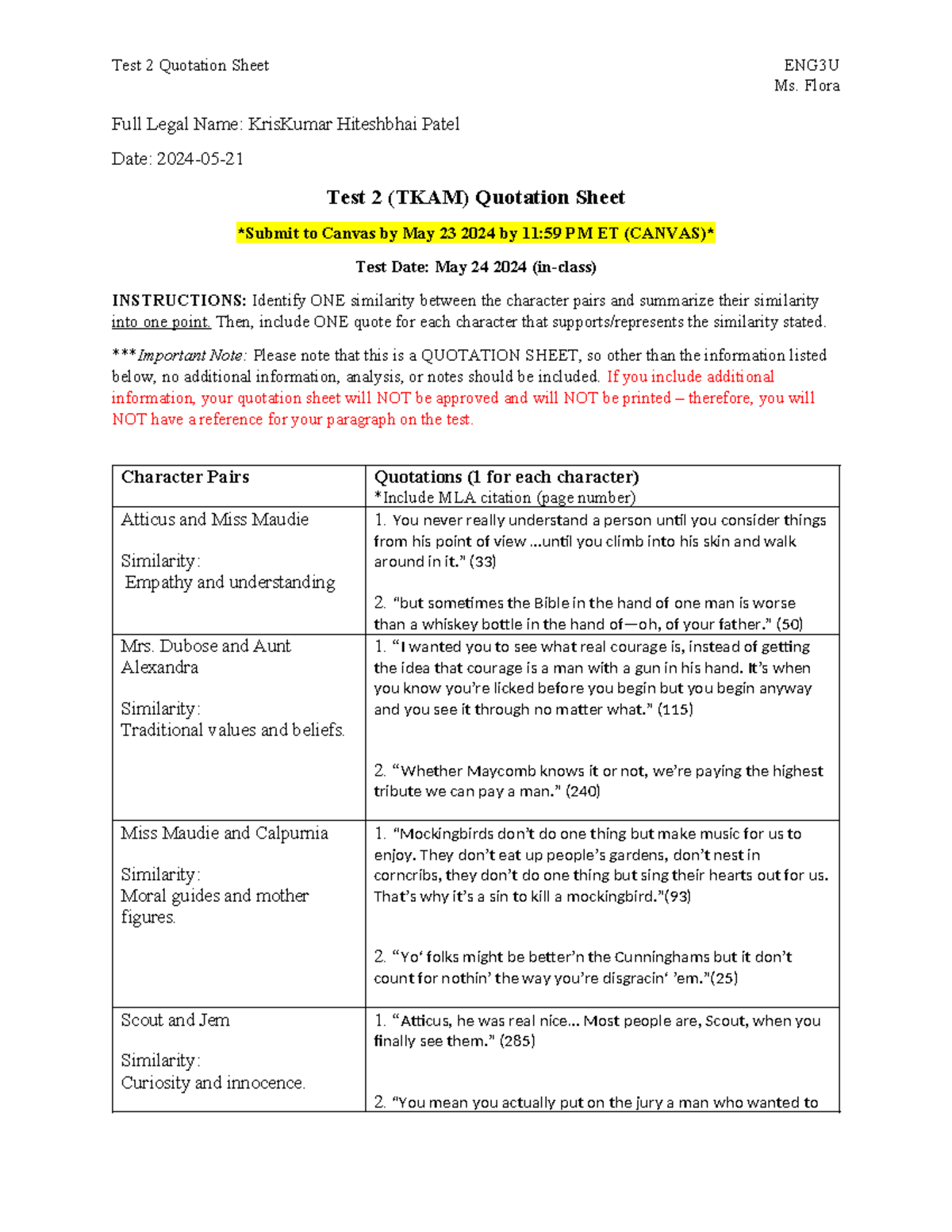 ENG3U-11 Test 2 Quotation Sheet - Test 2 Quotation Sheet ENG3U Ms ...