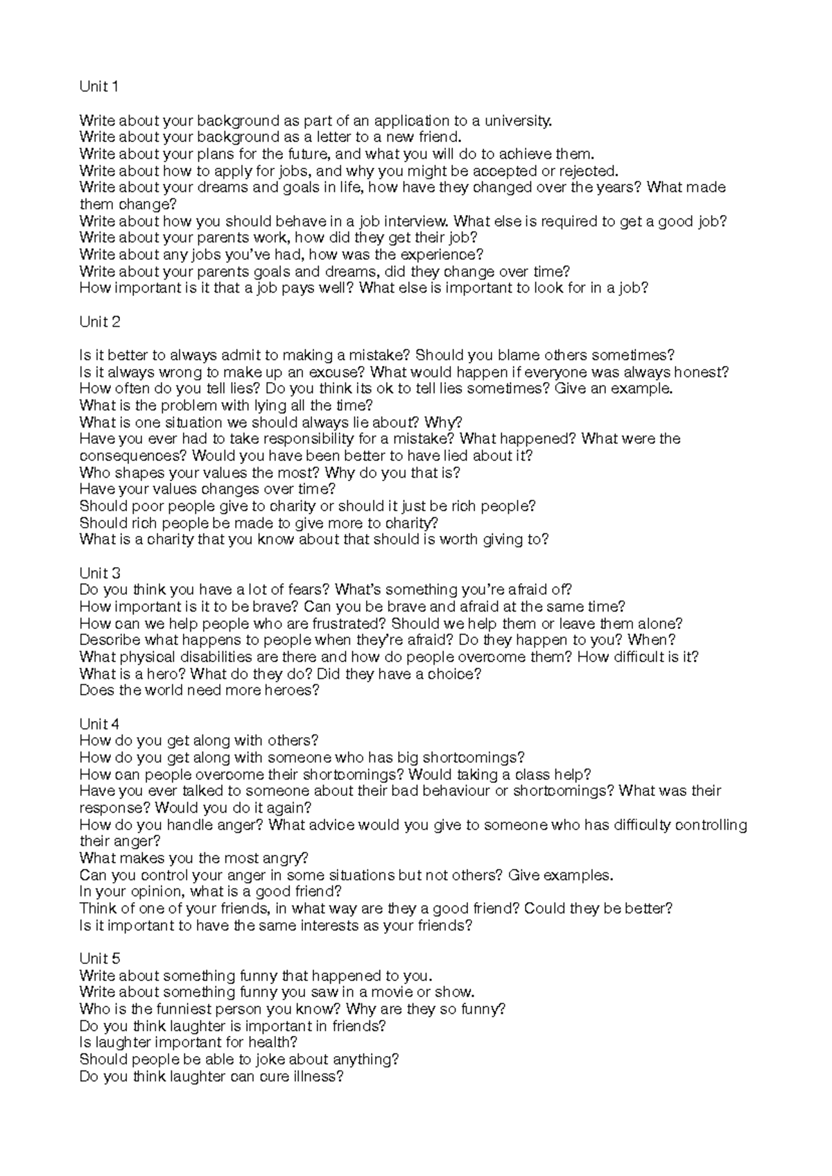 Sample questions - Unit 1 Write about your background as part of an ...