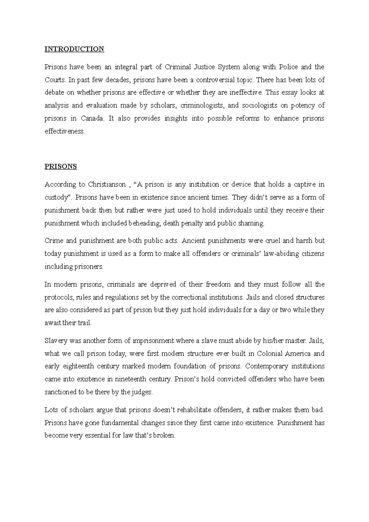 DOES Prison WORK - sample exercise - INTRODUCTION Prisons have been an ...