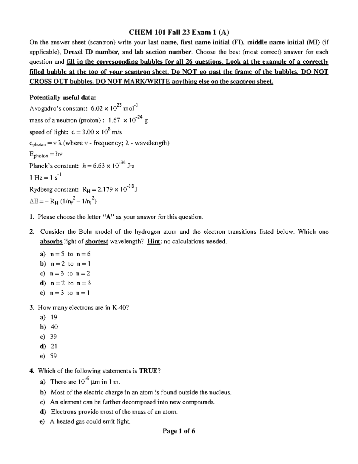 Chem Exam 1 (A) - CHEM 101 Fall 23 Exam 1 (A) On the answer sheet ...