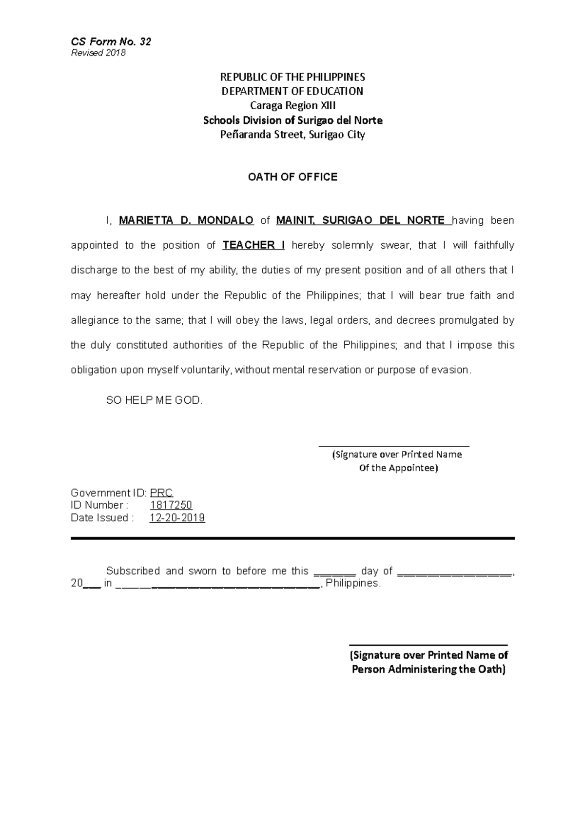 OATH FORM - FOR REFERENCE - CS Form No. 32 Revised 2018 REPUBLIC OF THE ...
