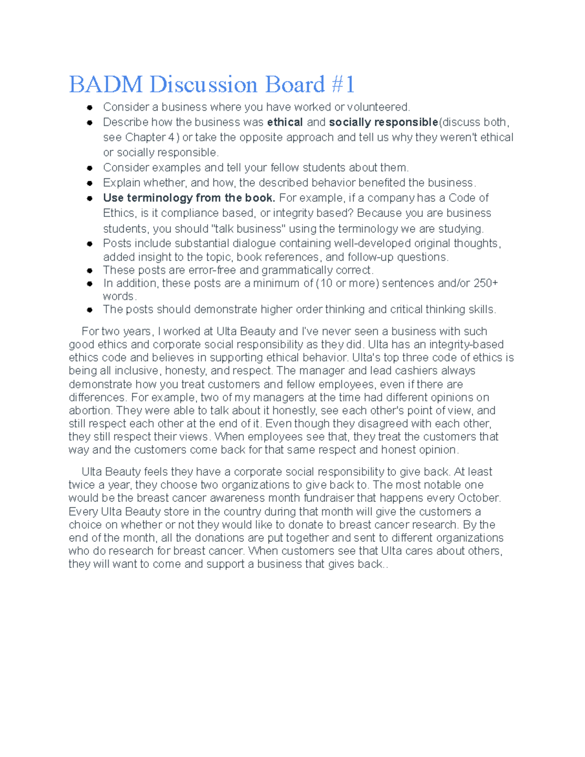 BADM Discussion Board #1 - BADM Discussion Board Consider a business ...