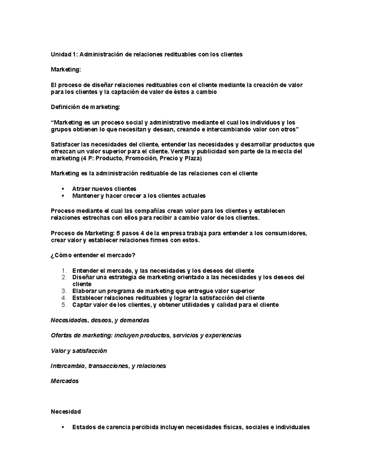 Resumen de Philip Kotler Marketing Versión para Latinoamerica - Unidad 1: de relaciones ...