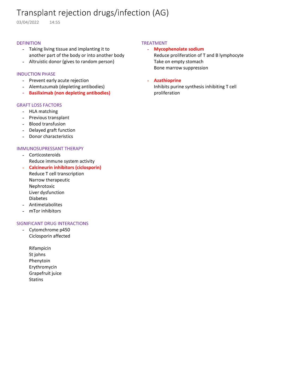 Transplant rejection drugs/infection - Lecture Notes M02 Year 4 ...